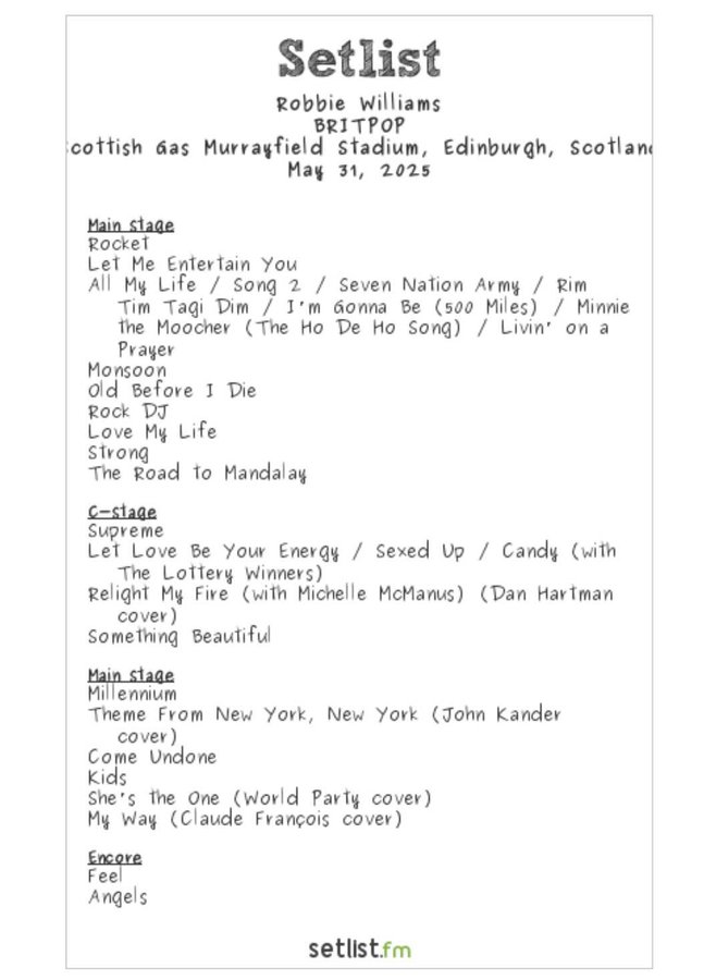 Robbie Williams Kicks Off Britpop Tour With Live Debuts | setlist.fm