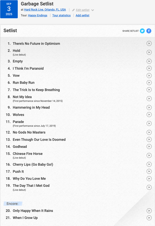 Garbage Kicks Off Tour with Live Debuts | setlist.fm